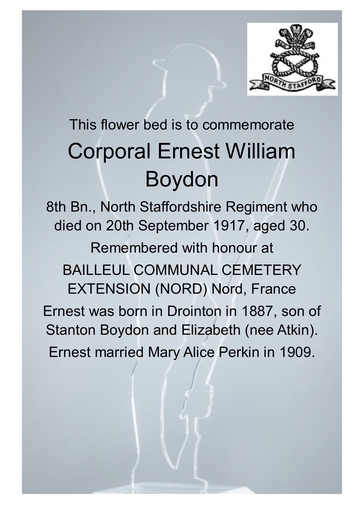 Memorial Flower beds: Corporal Ernest William Boydon – Hixon Parish Council